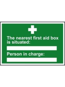 The nearest first aid box is situated: Person in charge: Sign